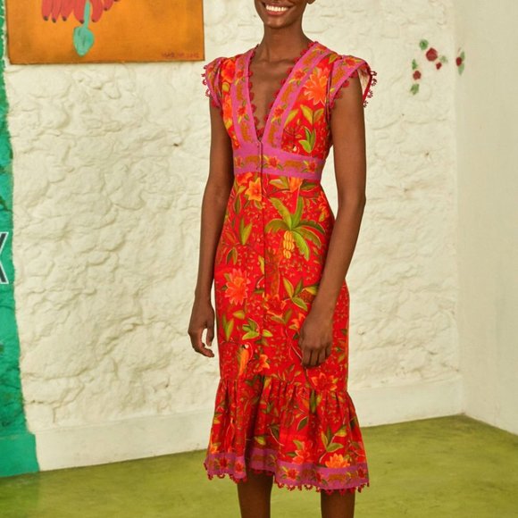 FARM Rio | Dresses | New Farm Rio Red Linen Solar Forest Button Down ...